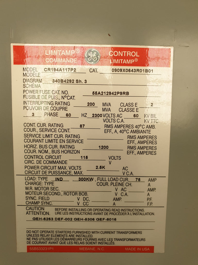 GE Limitamp Control Panel 200 MVA 3 Phase 60 Hz 2300 Volts Ac 60 KV Bi ...