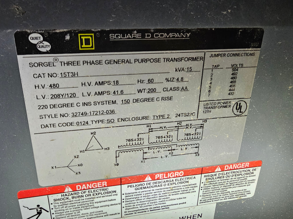 Square D Transformer 15 KVA 480 Volt 208Y/120 LV 3 Phase – IndSurp