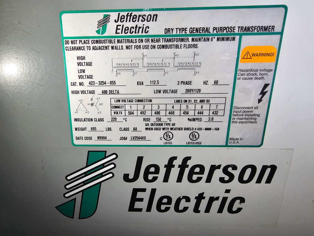 Jefferson Electric Transformer 112.5 KVA 480 Volt 3 Phase 60 Hz – IndSurp
