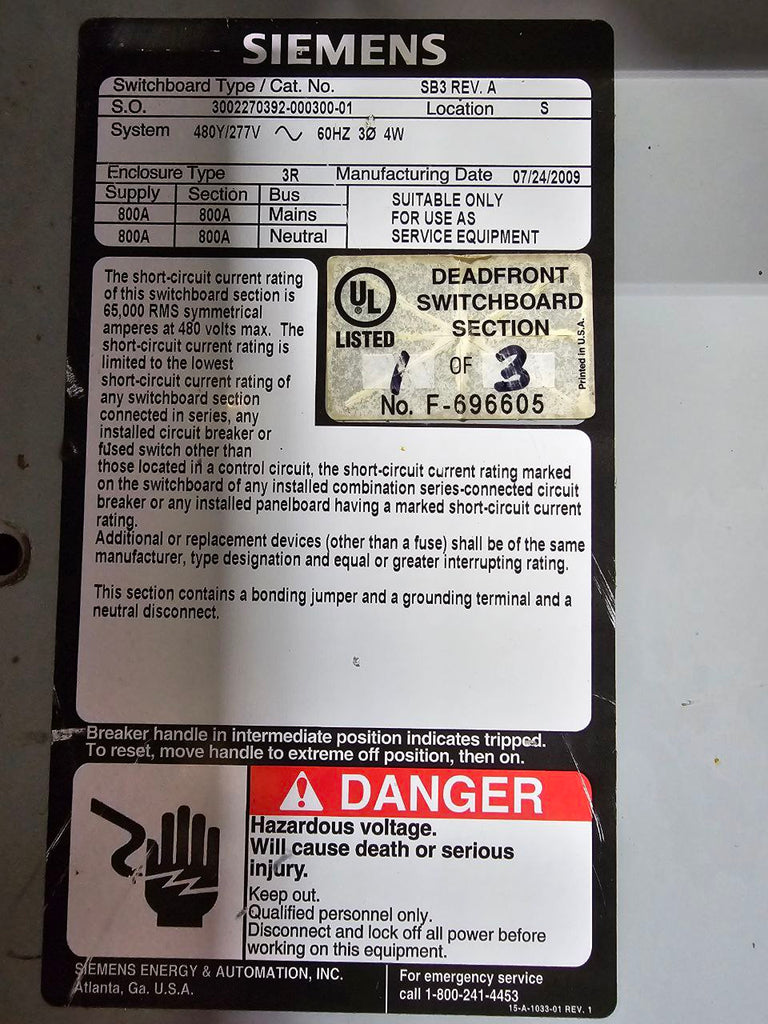 Siemens Switchboard 800 Amp 480Y/277 Volt 3 Phase 4 Wire (read descrip ...