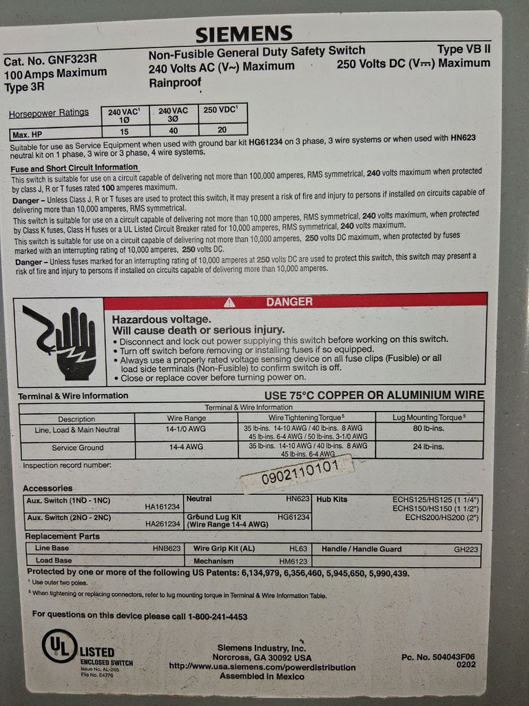 Siemens Disconnect 100 Amp 240 Volt Type 3R Rainproof Cat# GNF323R Un ...