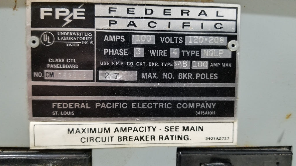 Federal Pacific NQLP Panel With Breakers 100 Amp 208Y/120 Volt 3 Phase ...