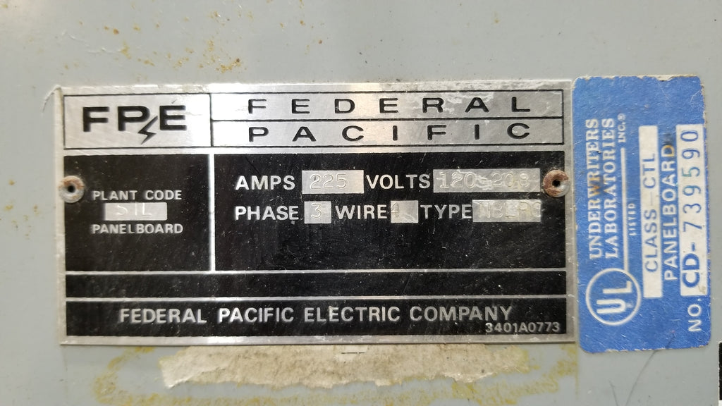 FPE NBLPG Panel With 225 Amp Main & Breakers 208Y/120 Volt 3 Phase 4 W ...
