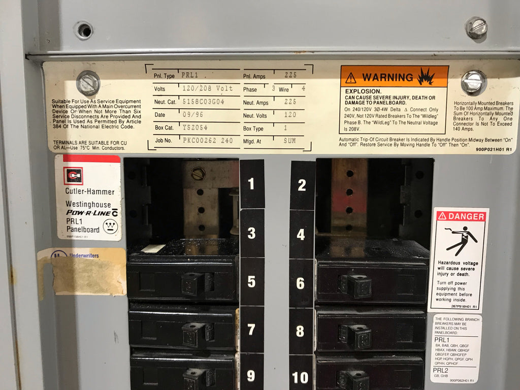 CH/ Cutler Hammer PRL1 Panel With 225 Amp Main & Breakers 208Y/120 Vol ...