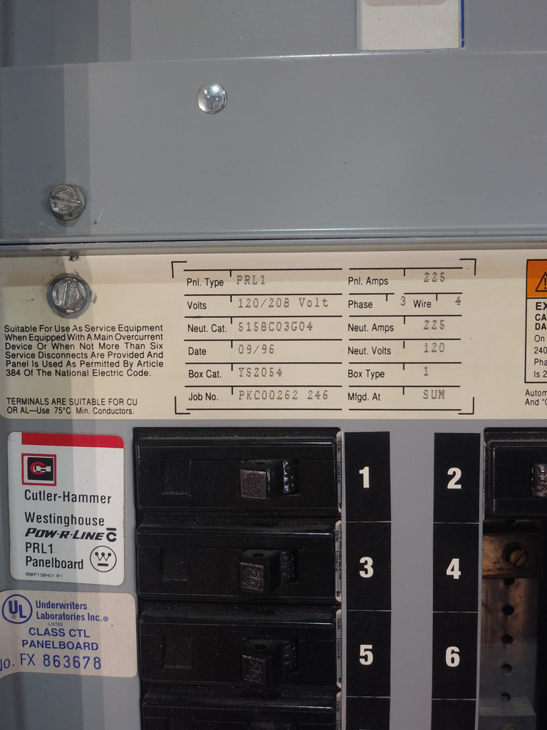 CH/Cutler Hammer PRL1 Panel With 225 Amp Main & Breakers 208Y/120 Volt ...