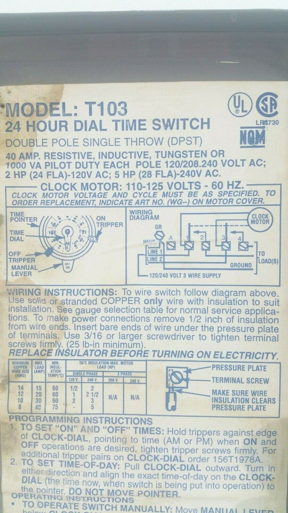 INTERMATIC 24 Hour Dial Time Switch 40 Amp Clock Motor 110-125 Volt 60 ...