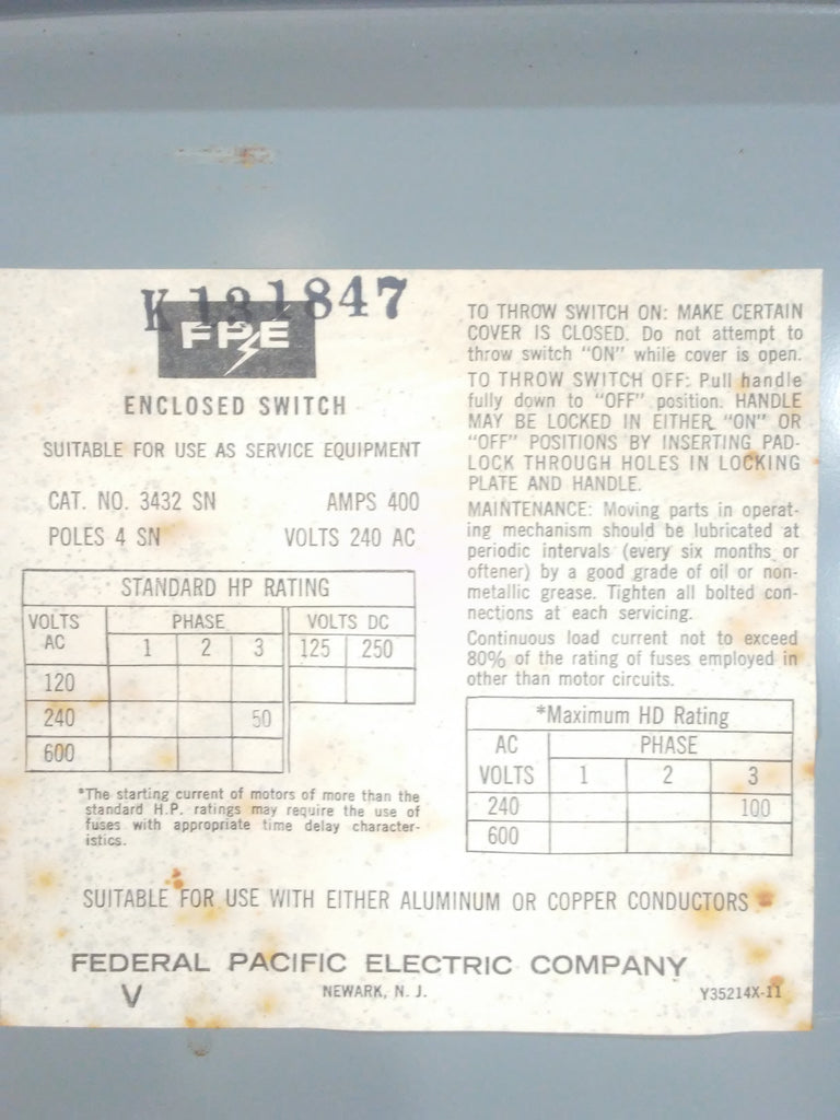 FPE Enclosed Switch 400 Amp 240 Volt – IndSurp