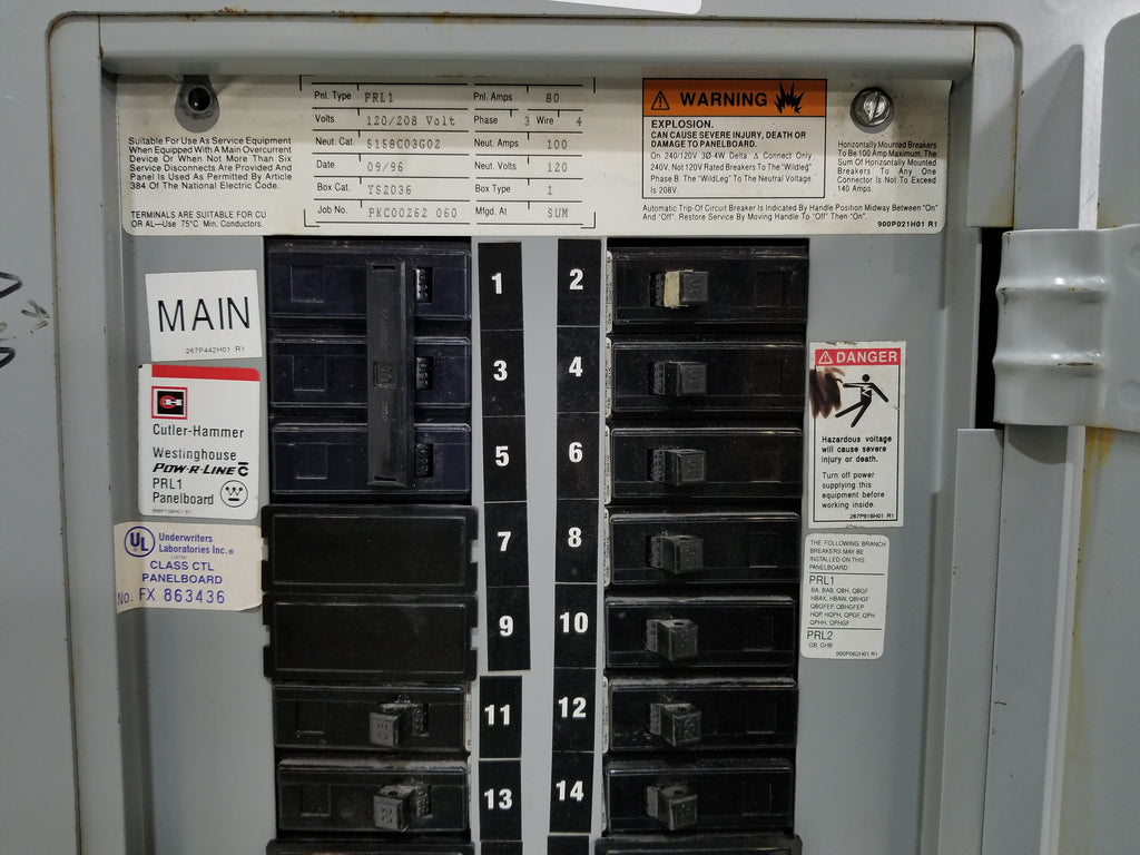 CH/Cutler Hammer PRL1 Panel With 80 Amp Main & Breakers 208Y/120 Volt ...