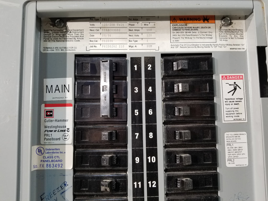 CH Cutler Hammer PRL1 Panel With 80 Amp Main & Breakers 208Y/120 Volt ...