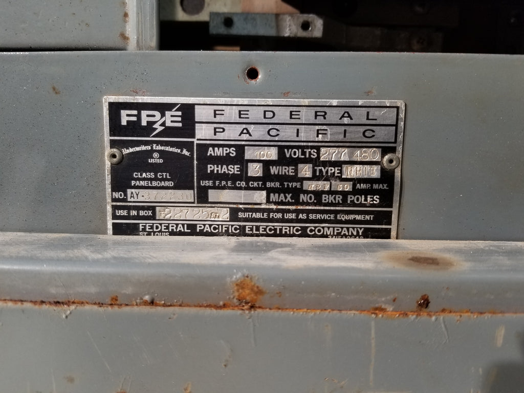 Federal Pacific NHIB Panel With 100 Amp Main & Breakers 277/480 Volt 3 ...