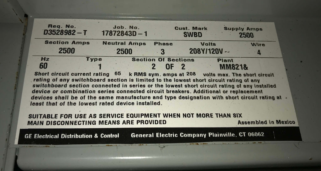 GE Switchboard 2500 Amp 208Y/120 Volt 3 Phase 4 Wire – IndSurp