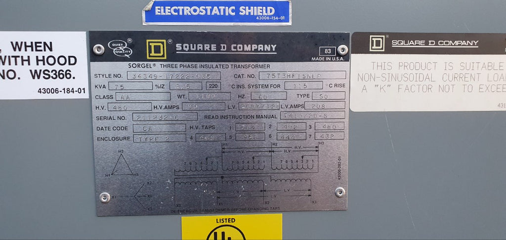 Square D Three Phase Insulated Transformer 75 KVA HV. 80 H.V. Amps 90 ...